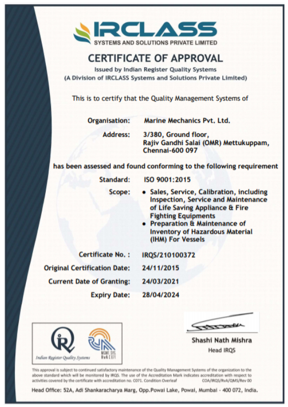 ISO Certification - IHM Class Approvals - GMDSS Certification ...